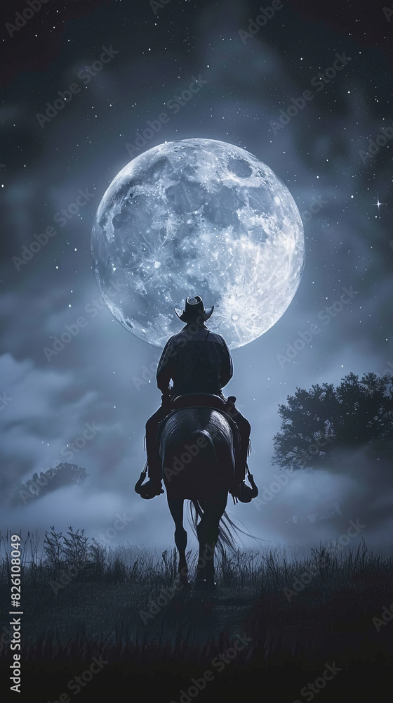 Cowboy rider riding horse towards moon alone lonesome mist Stock ...
