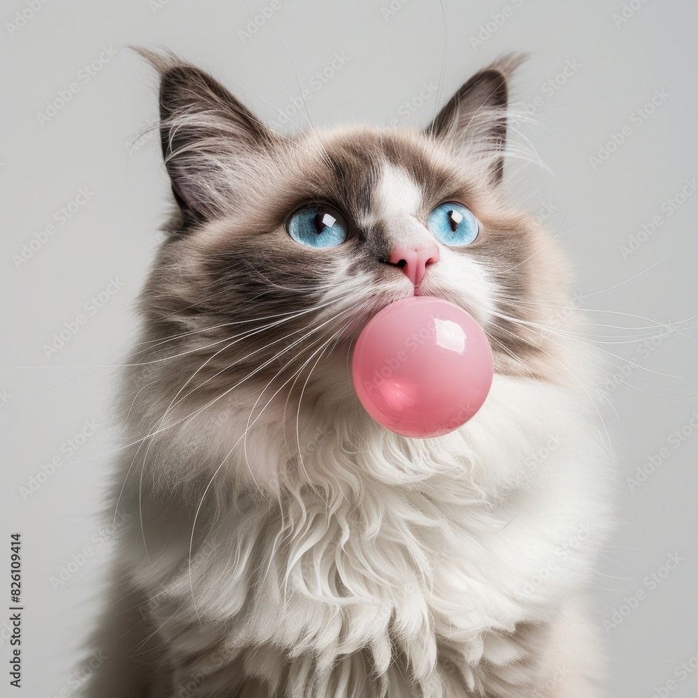 Playful Ragdoll Cat Blowing Pink Bubble Gum - Realistic Minimalist 8k ...