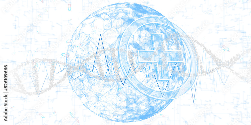 Abstract digital medical background featuring a wireframe globe, ECG ...