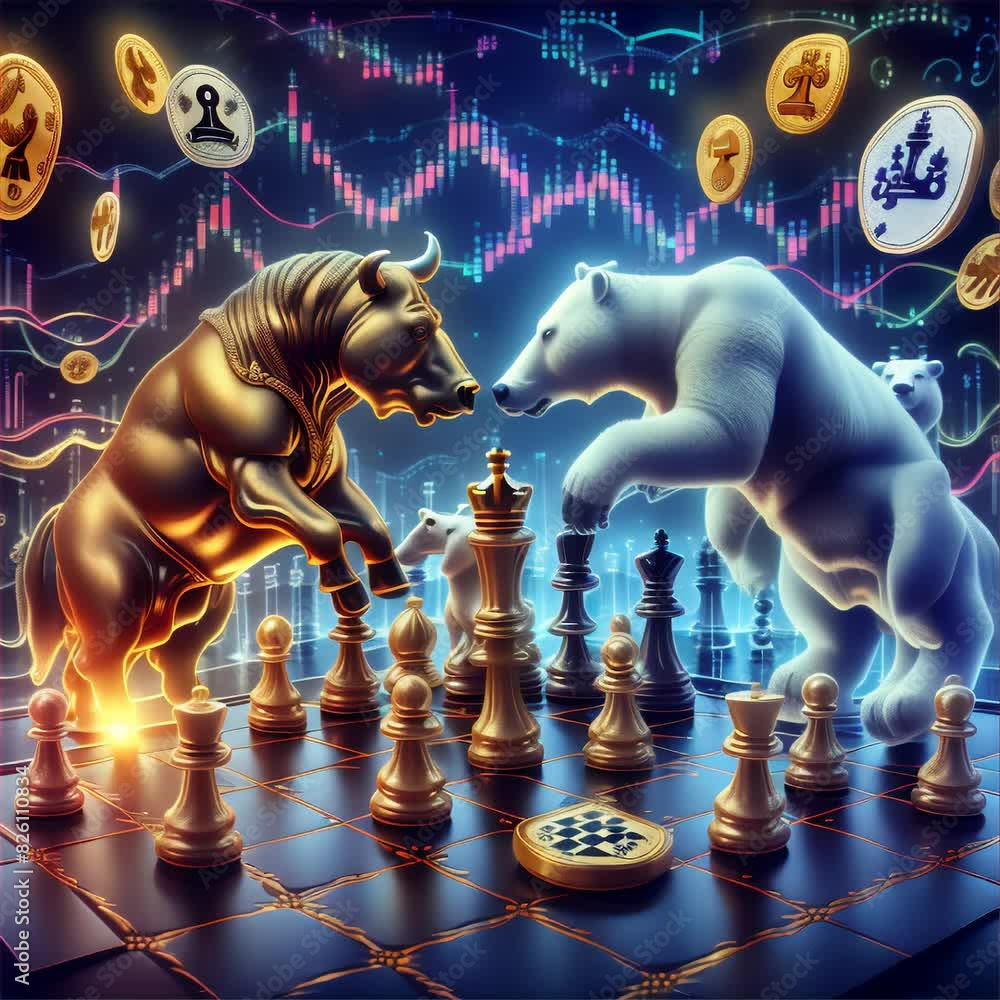 An elaborate digital representation of a bull and bear playing chess ...