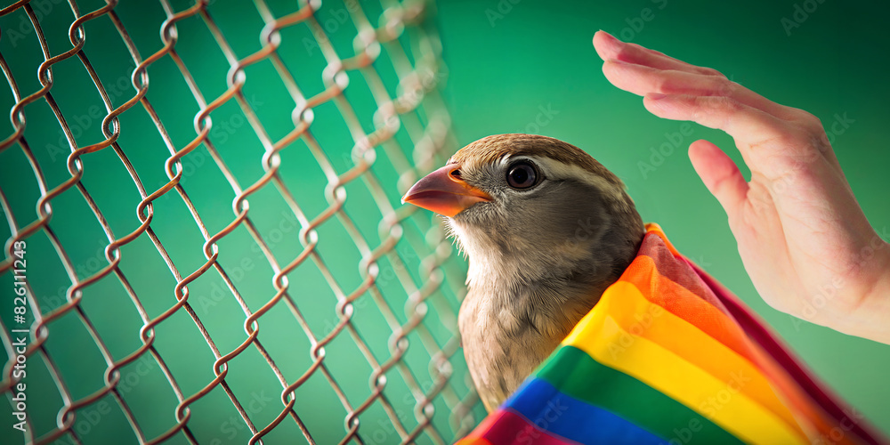 Abstract background. Hand with a bird standing behind net rope with a ...