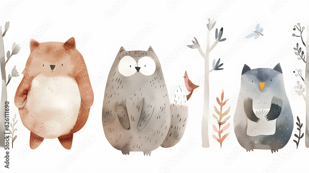 Cute animals collection, cartoon childlike style, in pastel color ...