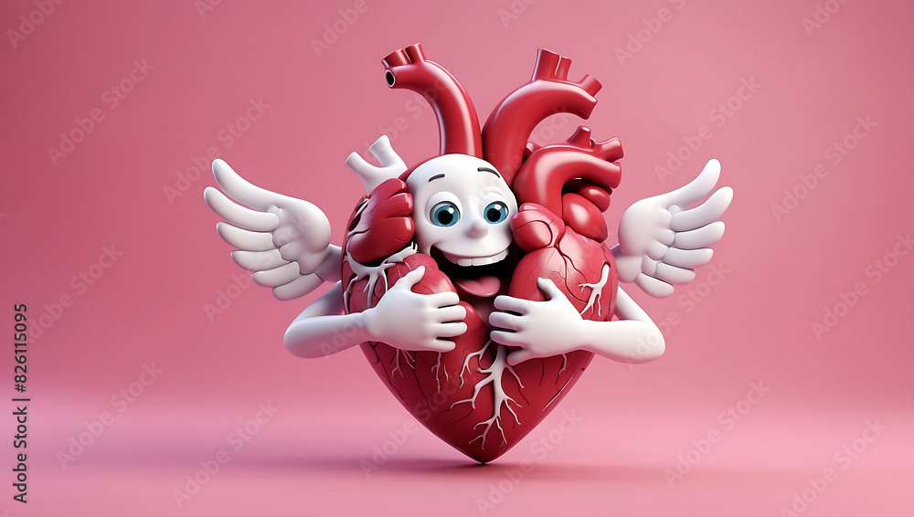 A 3D cartoon illustration of a human heart against a pink background ...