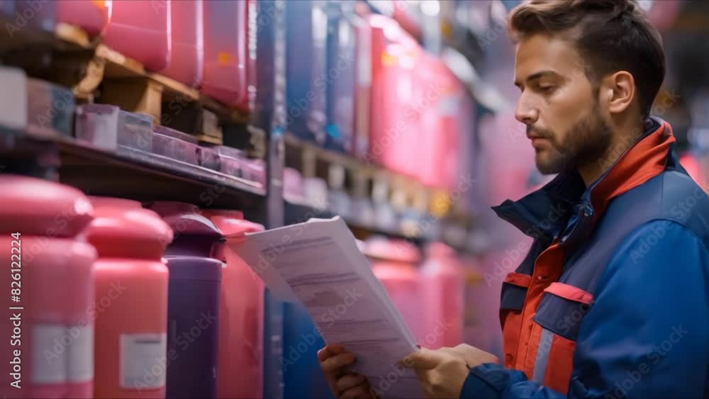 Worker checks safety data sheet in chemical storage area ensuring ...
