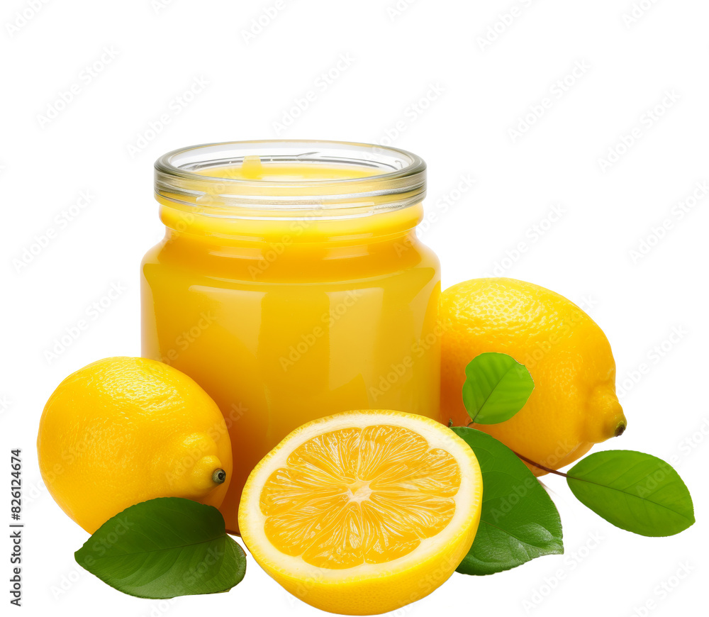 glass jar of lemon curd,fruit curd isolated on white or transparent ...