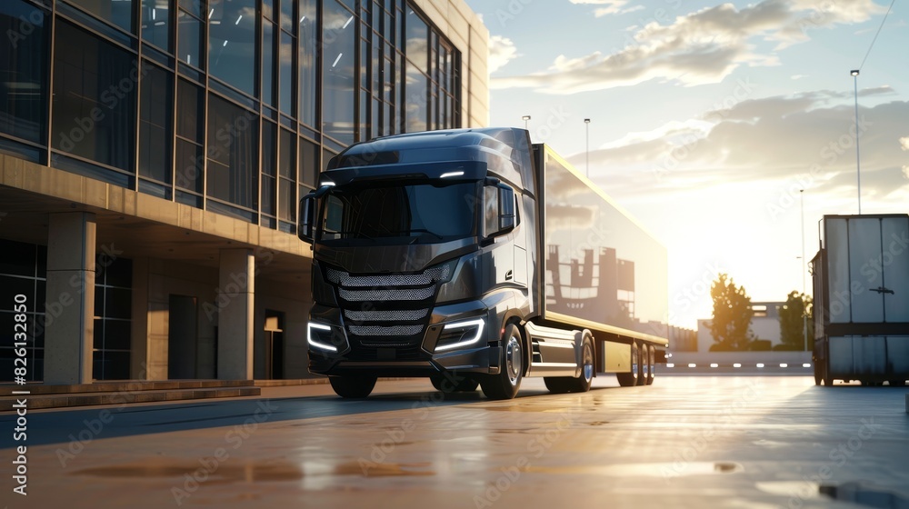 Truck parked at logistics warehouse at sunrise, logistics hub, freight ...