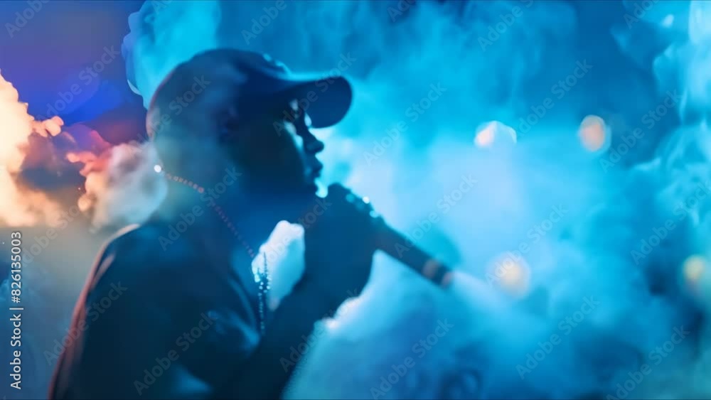 Silhouette of Hip Hop Artist Performing on Stage with Blue Background ...