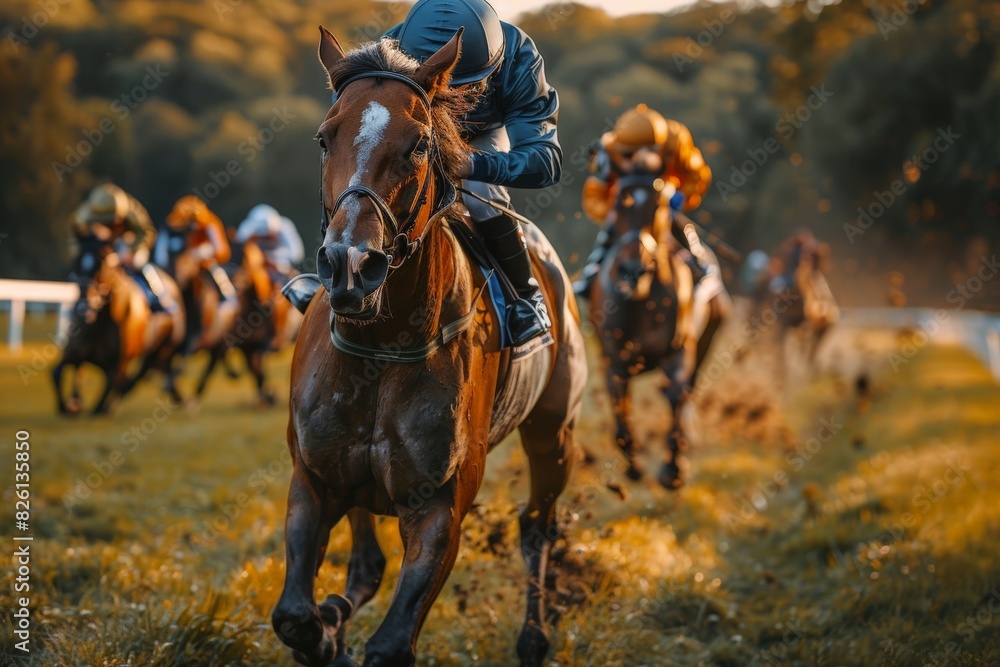 A dynamic image capturing the intensity of a horse race, with a focused ...