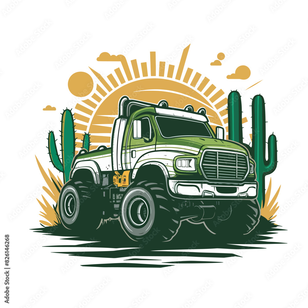 Vetor de Truck Vector Illustration, Adventure Truck Vector in Desert ...