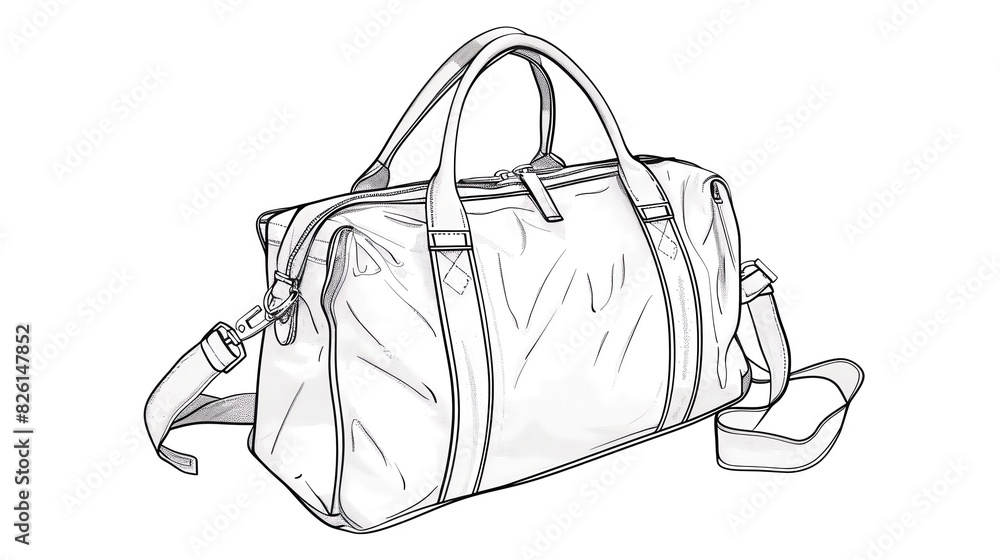 Create a simple, minimalist line drawing of a leather duffle bag with a ...