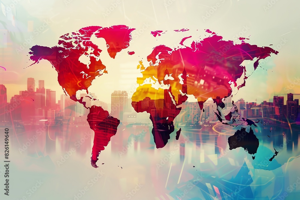 Colorful world map with a vibrant cityscape background, perfect for ...