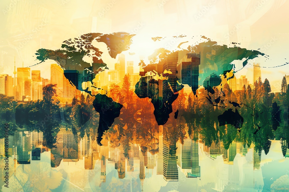 Colorful world map overlaying metropolitan cityscape, illustrating ...