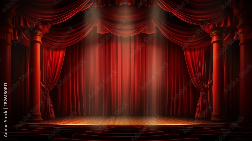 Red velvet curtain on theater stage with spotlight Victorian style ...