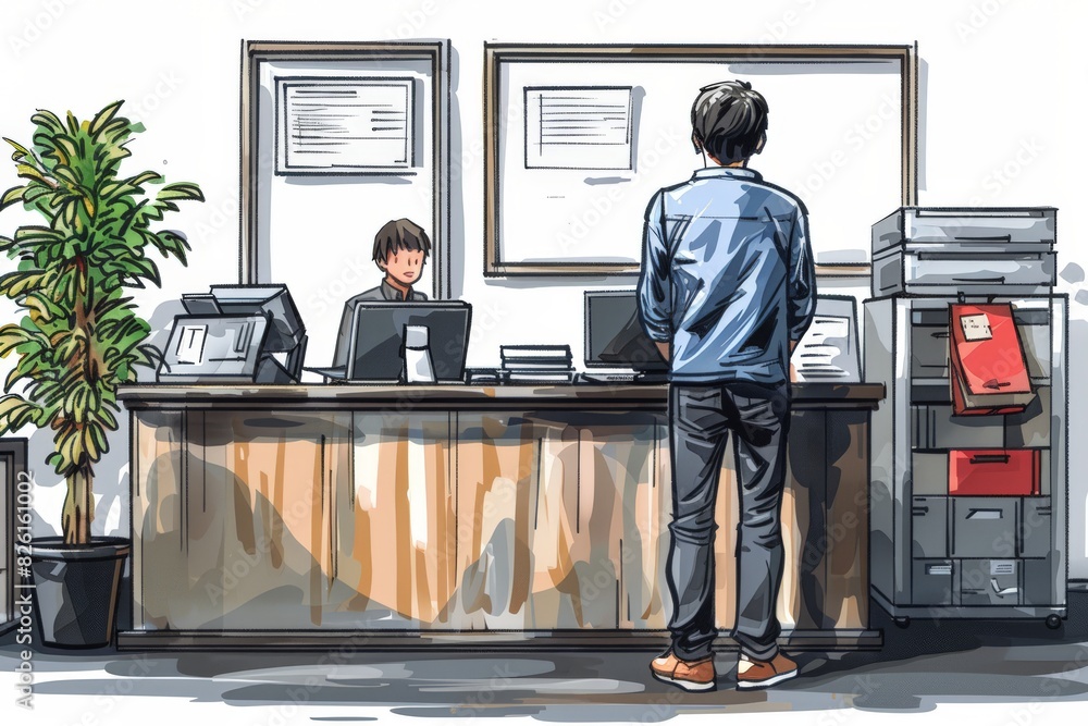 Artistic drawing of a man standing in front of a reception area with a ...