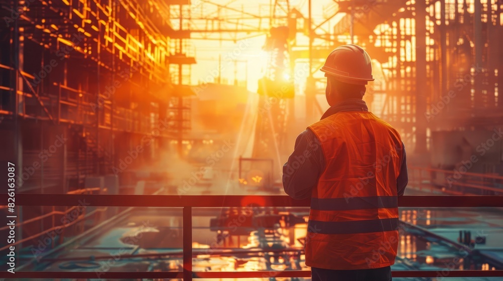 Construction worker wearing safety gear oversees building site at ...