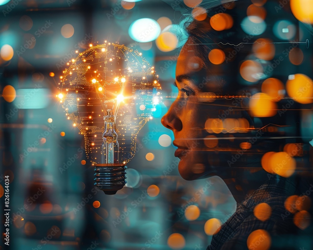 Profile of a person conceptualizing ideas with a glowing light bulb ...