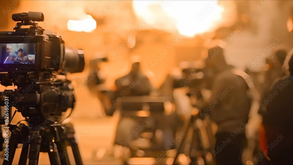 Film crew working together behind the scenes to shoot a movie scene ...