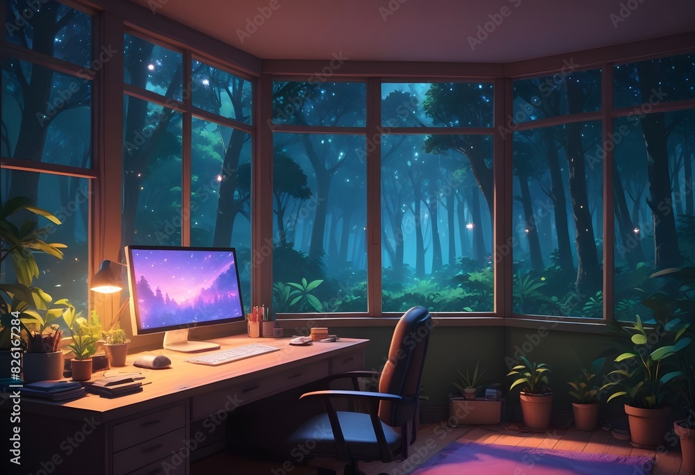 Lofi empty interior. Messy desk, window view of a forest, jungle. Anime ...