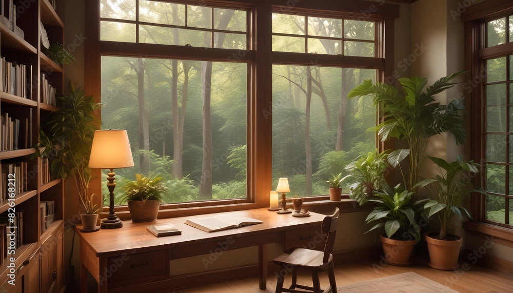 Lofi empty interior. Messy desk, window view of a forest, jungle. Anime ...