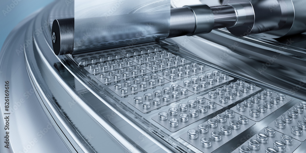 Drug manufacturing process. Conveyor with medical pills blisters line ...