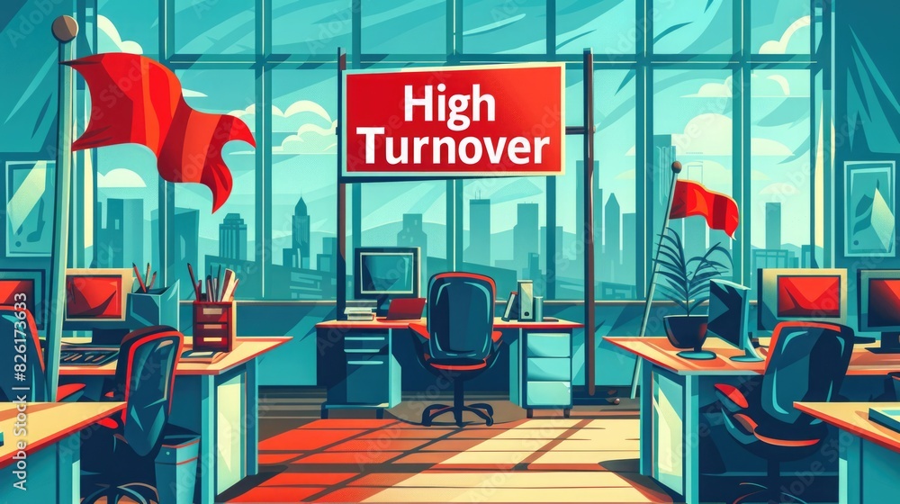 Warning Sign with "High Turnover" Text and Red Flag in Office Environment Stock Illustration ...