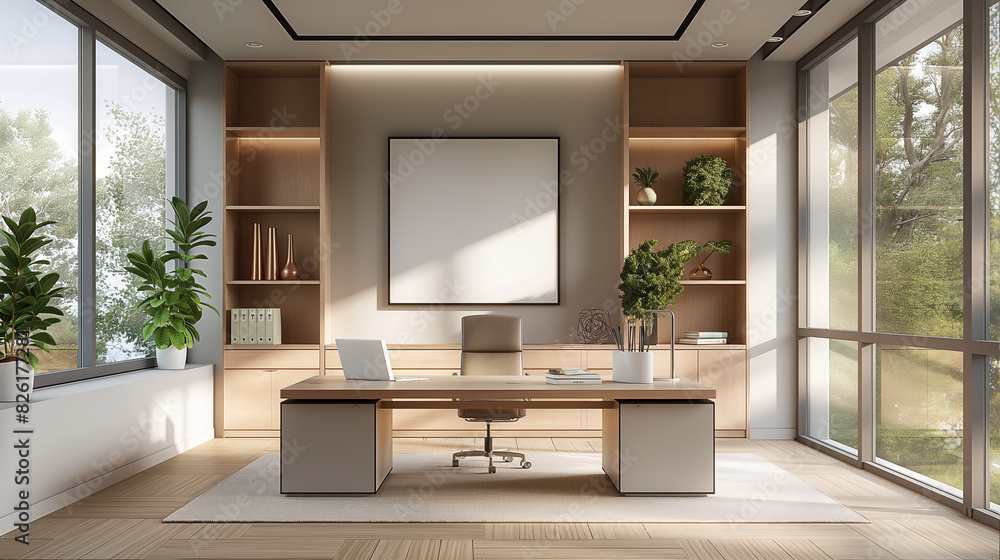 Professional home office Zoom virtual background featuring a clean and ...