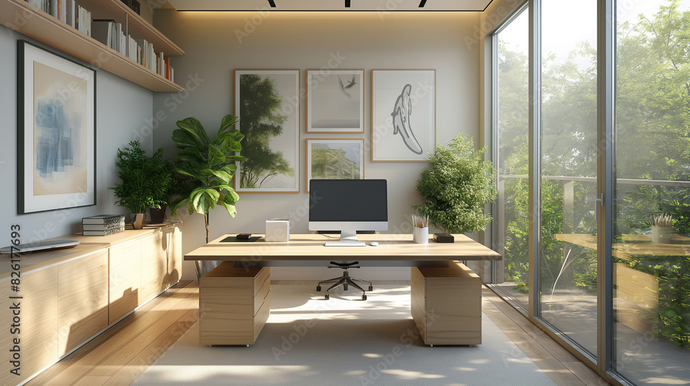 Professional home office Zoom virtual background featuring a clean and ...