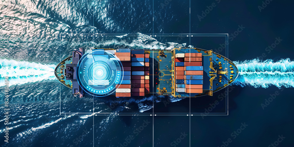 top view of a cargo ship with vessel cruising in deep dark sea ...