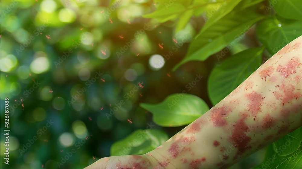 The arm has a red, inflamed rash from allergies to air, pollen, dust ...