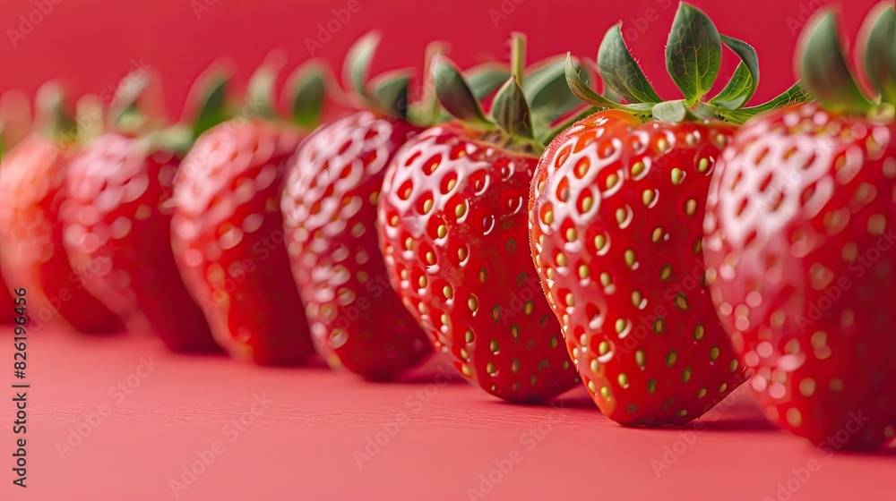 A row of strawberries is lined up, with one strawberry in focus. The ...