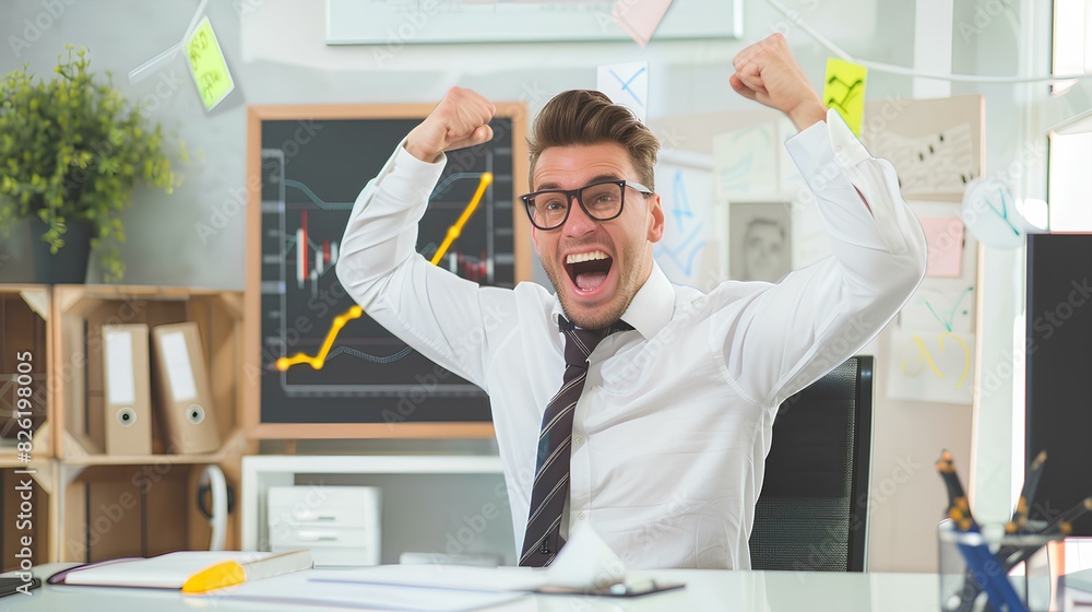 Successful man working in office showing muscles raising his arms ...