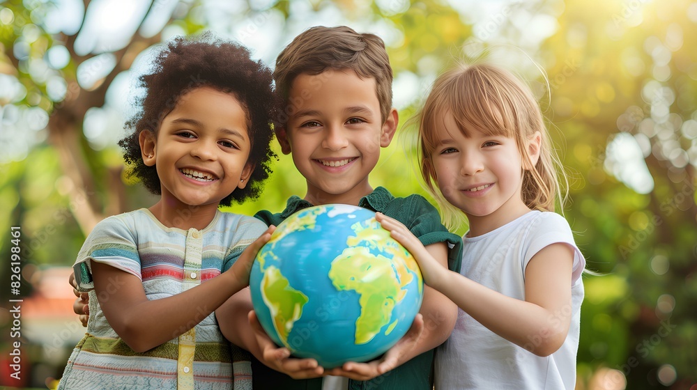 Happy children holding the globe in their hands. Global peace and human ...