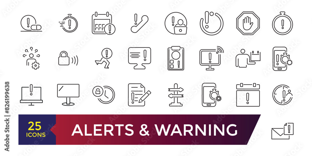 Alerts and Warning Line Icons. Contains such Icons as Alert, Exclamation Mark, Warning Sign and ...