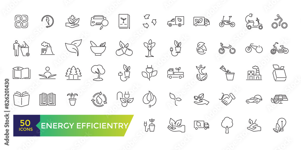 Energy efficiency icon set. energy-saving light bulb, solar panel ...