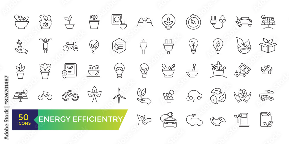 Energy efficiency icon set. energy-saving light bulb, solar panel ...