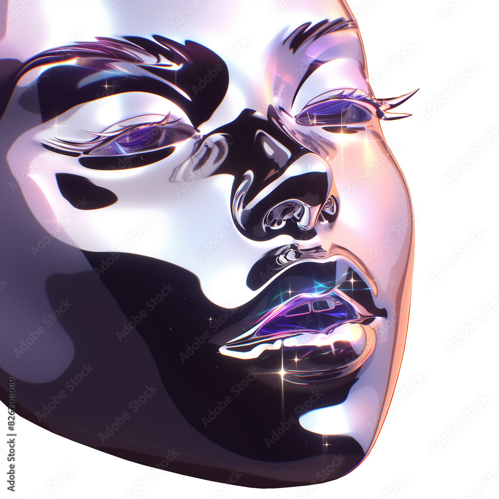 Futuristic chrome woman face isolated. Shiny gloss metal human head ...