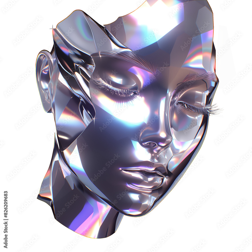 Futuristic chrome woman face isolated. Shiny gloss metal human head ...