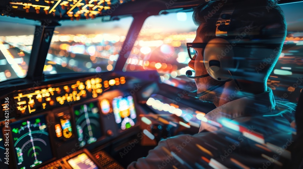 Pilot navigating airplane cockpit illuminated with colorful lights at night, showcasing an ...