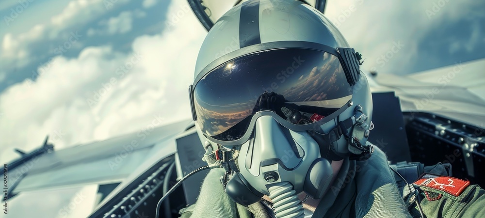 Pilot wearing helmet and oxygen mask flying a fighter jet in clear ...