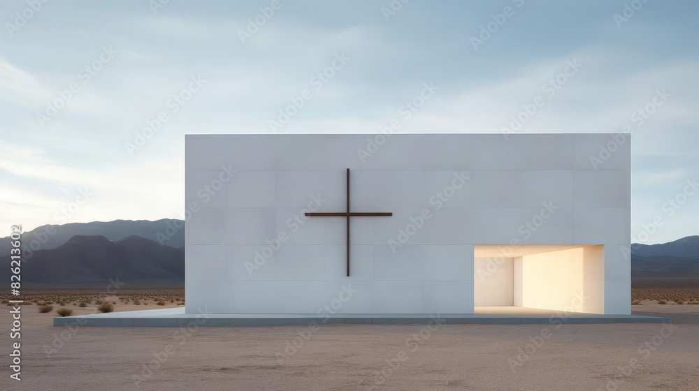 Contemporary sacred architecture featuring a clean, white cube with a ...