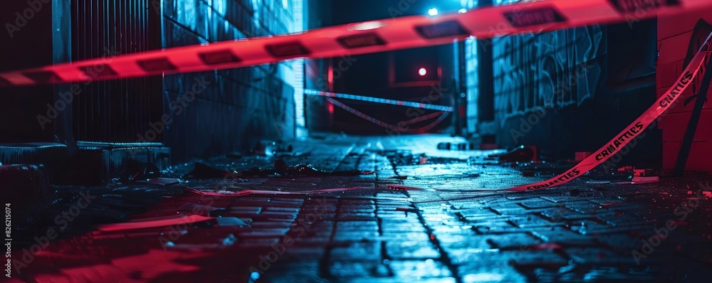 Crime police investigating a crime scene with police tape in a dark ...