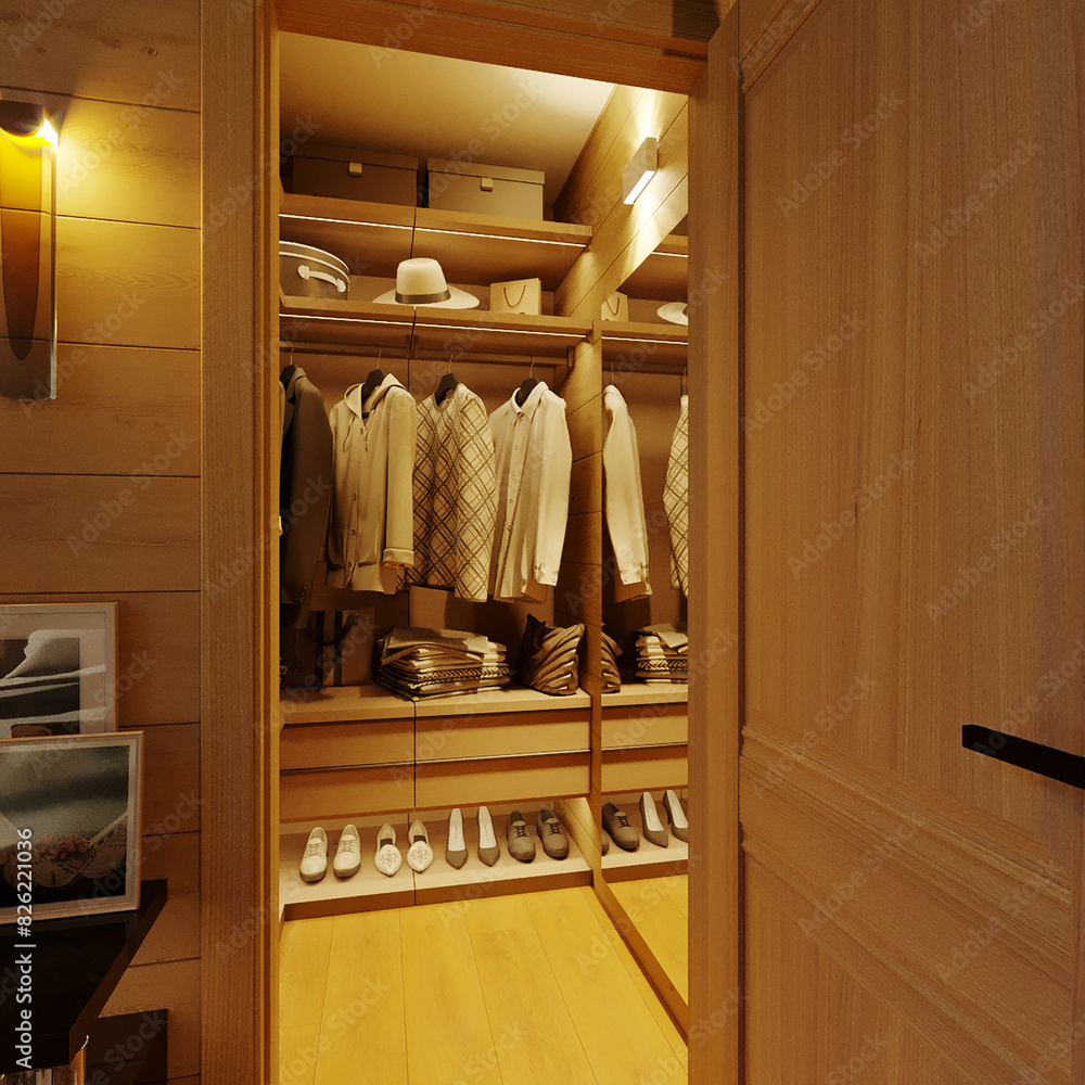 3D visualization of a walk-in closet in a frame house. Design of a ...