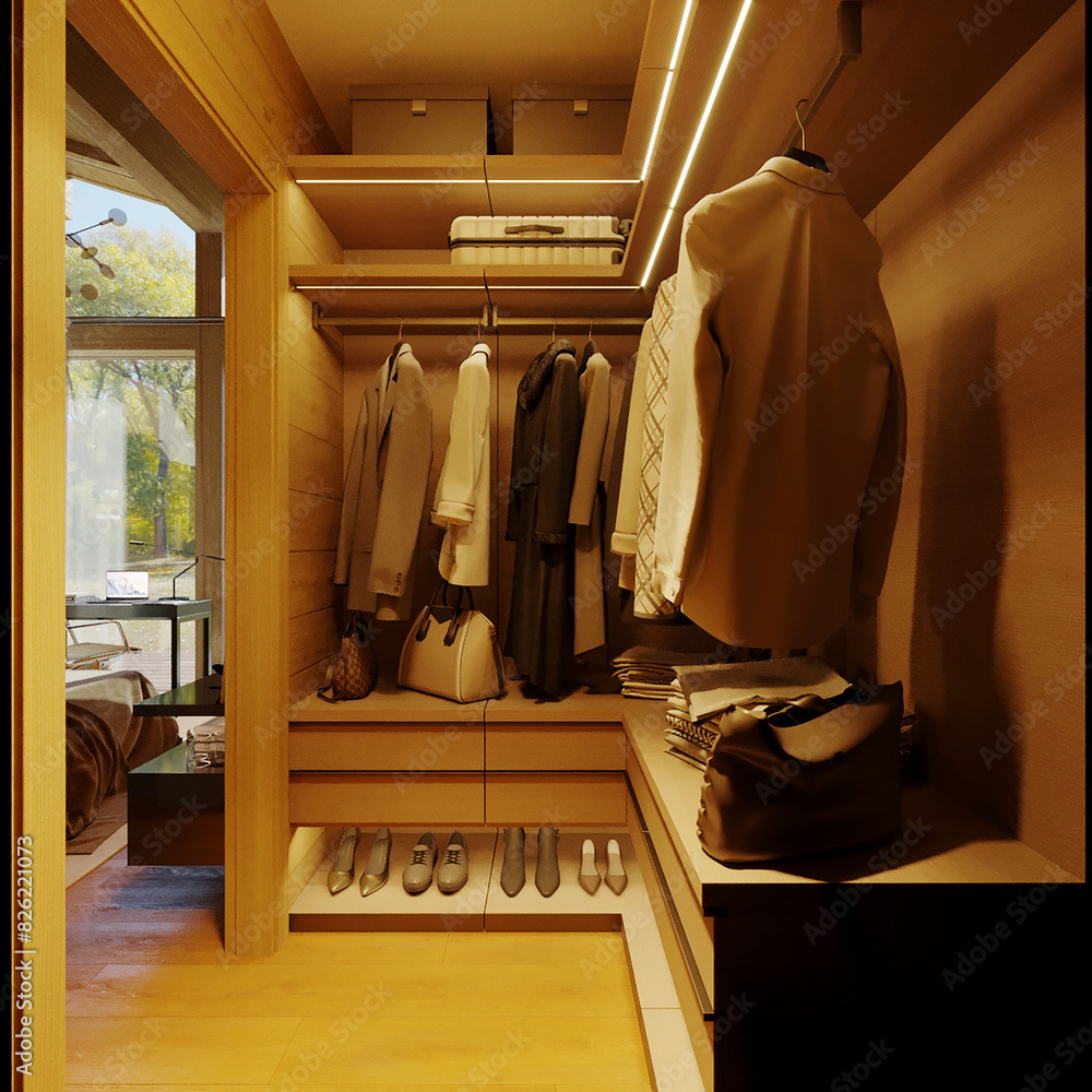 3D visualization of a walk-in closet in a frame house. Design of a ...