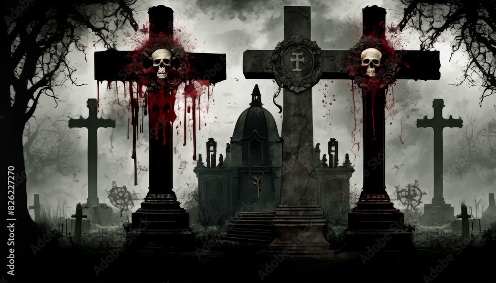 A dark and atmospheric image of a foggy cemetery with three crosses ...