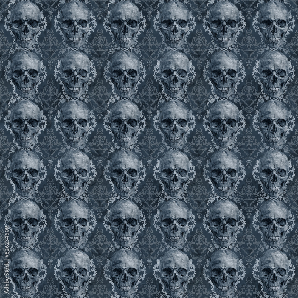 Spooky damask and skulls horror aged seamless pattern wallpaper ...