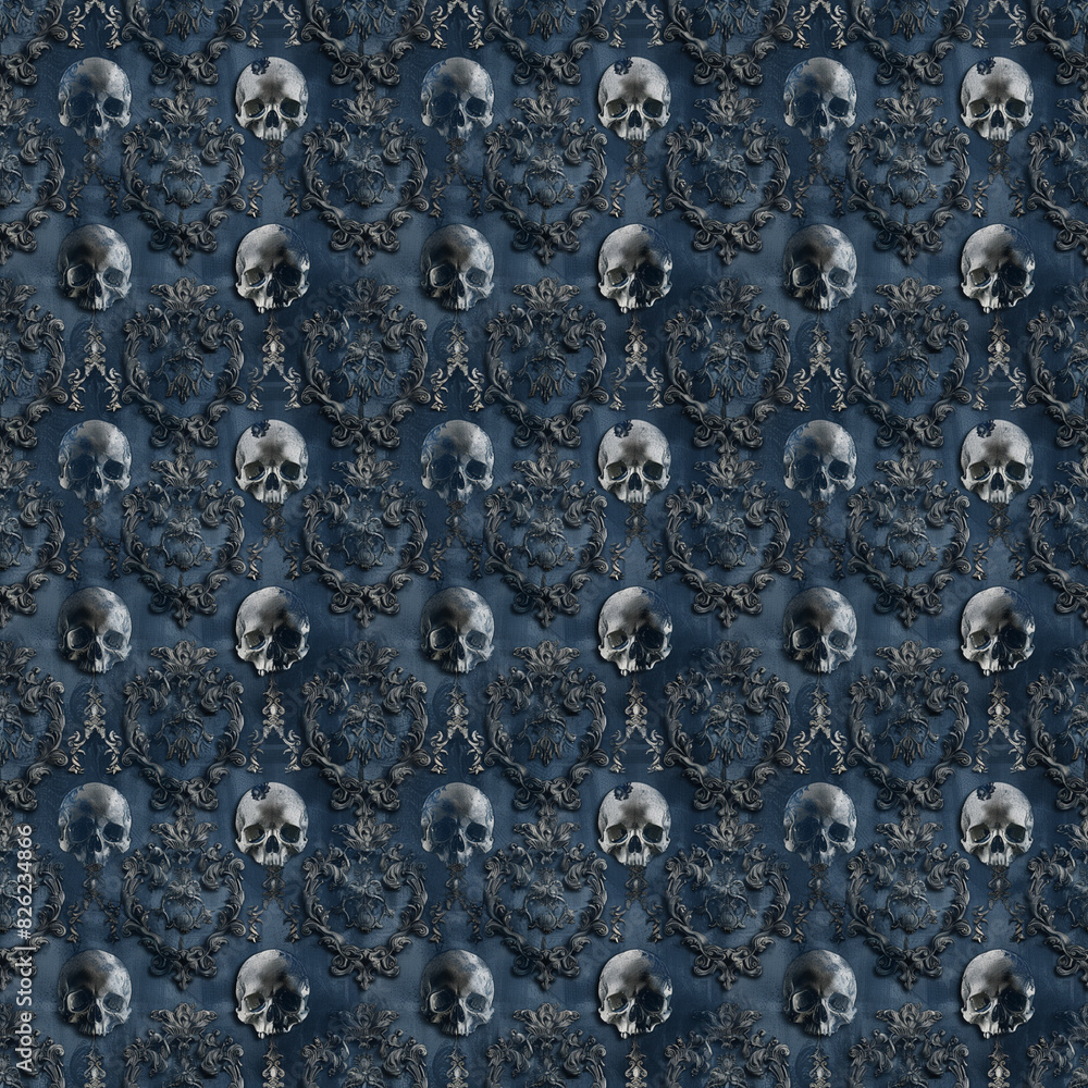 Damask and skulls horror aged seamless pattern wallpaper background. Vintage old worn grunge ...