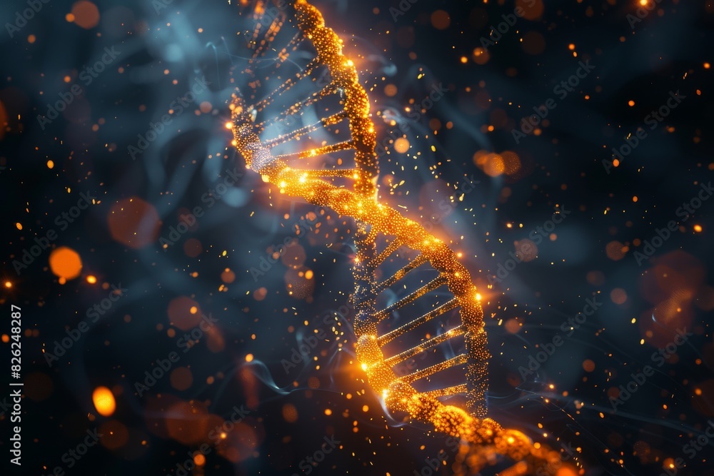 Fiery orange DNA sequence amidst cosmic dust, illustrating the fiery ...