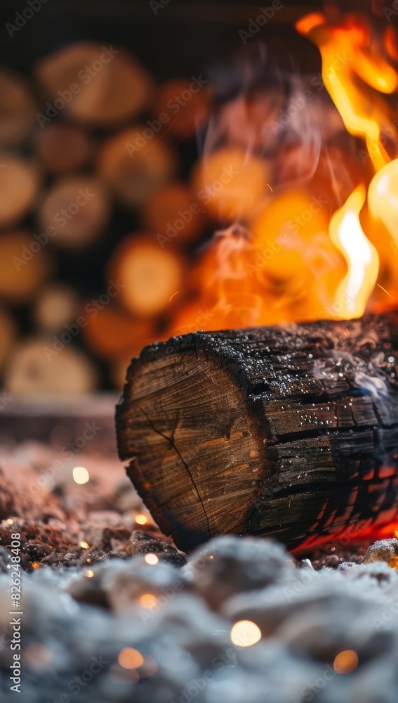 Yule Log Focus on a burning yule log with a cozy fireplace background ...