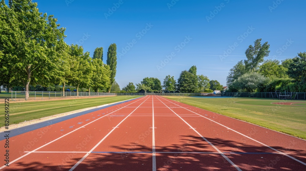 High school track and field ground, red running tracks with white lines ...