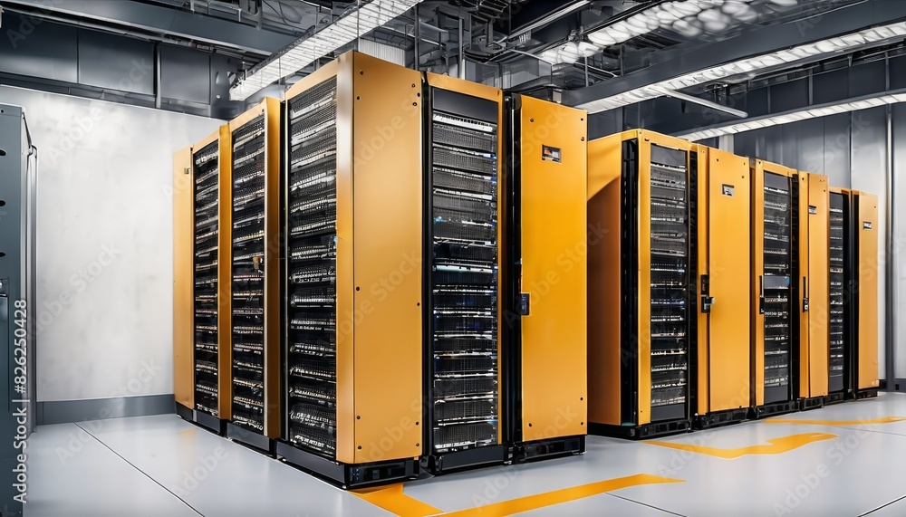 An interior view of a modern data center filled with high-capacity ...